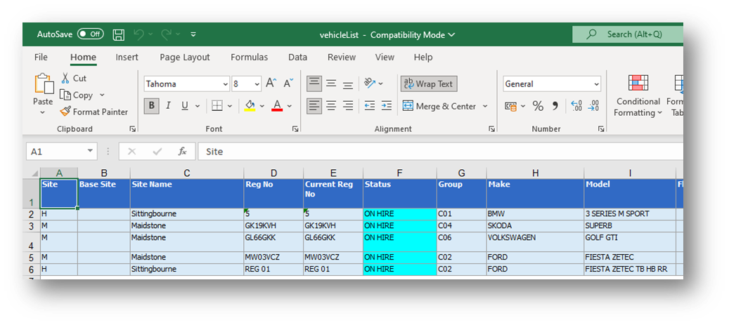 Prohire - Exporting vehicle data to excel